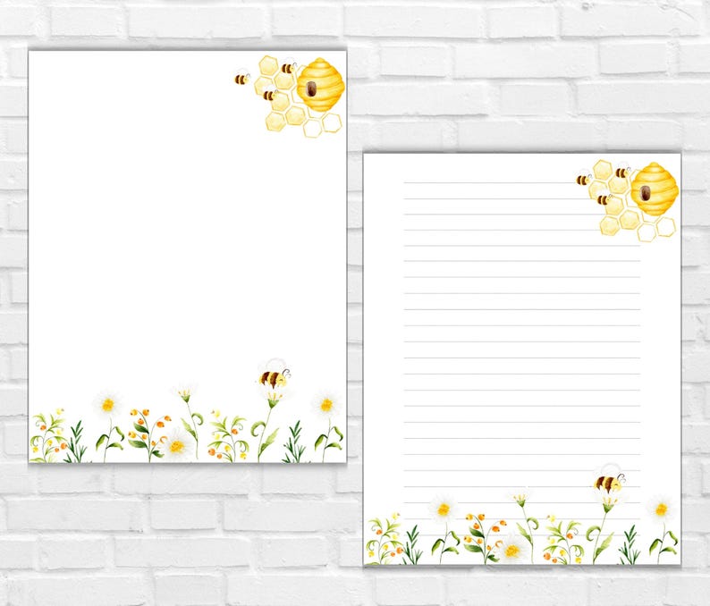 Bee With Flower Printable Stationery-bee Honey Writing Paper Unlined ...