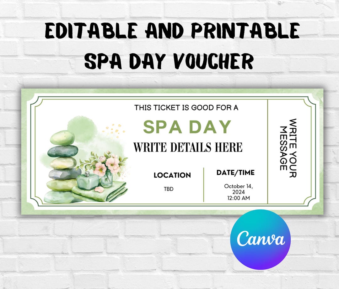 Spa Day EDITABLE Voucher-personalized Spa Day Gift Voucher-editable Spa ...