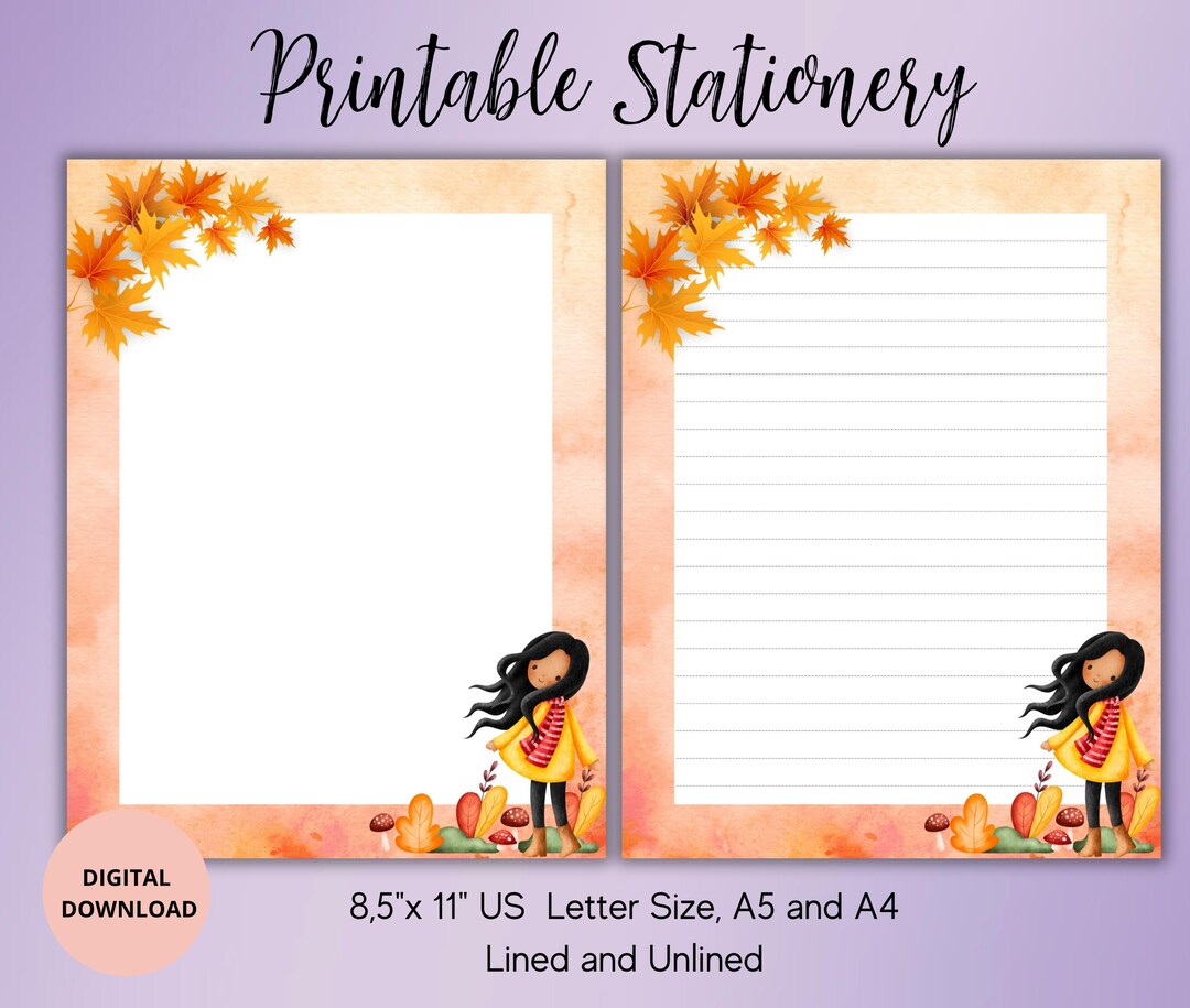 Autumn Fall Printable Stationery-autumn Girl Writing Paper Set Lined ...