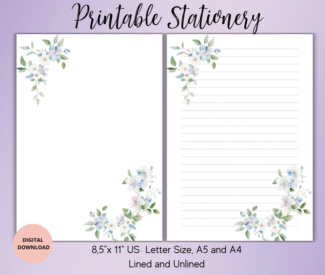 Flower Printable Stationery-watercolor Flower Stationary-digital ...
