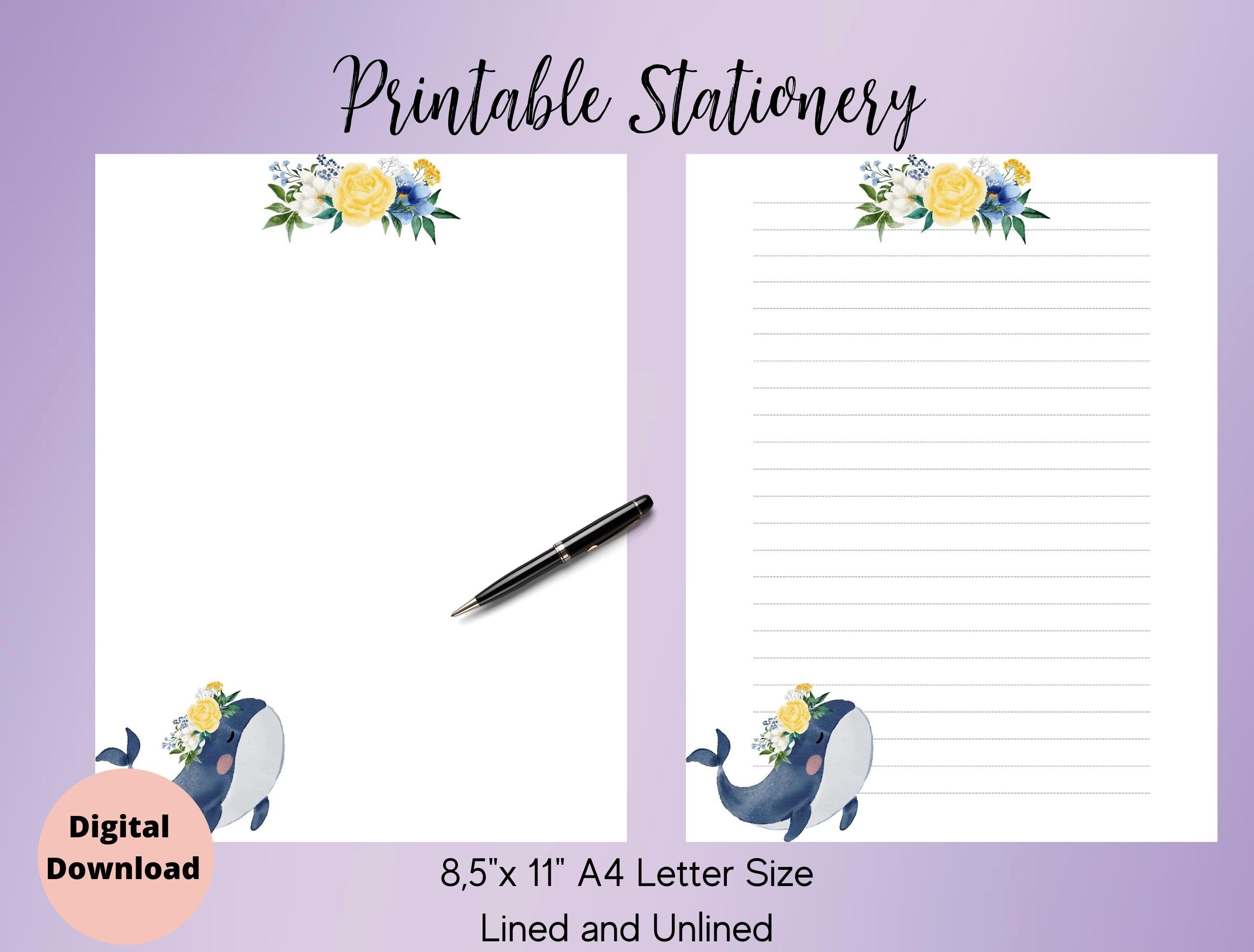 Kids Stationary-whale PRINTABLE Stationery-sea Animal Stationary-flower ...