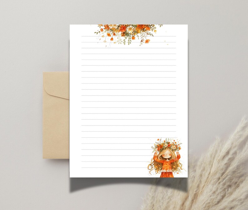 Girl With Flower Printable Stationery-cure Girl Writing Paper Set ...