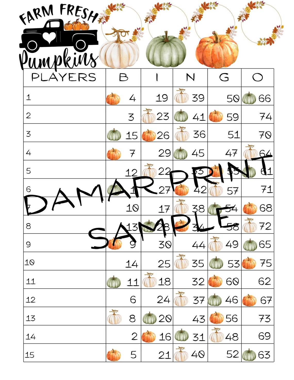 Farm Fresh Pumpkins Bingo Boards - Instant Download -printable Bingo ...