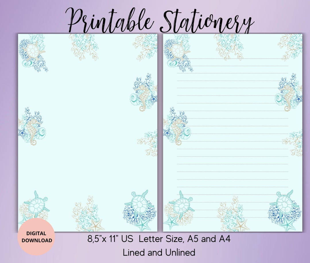 Sea Turtle Printable Stationery-marine Writing Paper Unlined Lined A5 ...