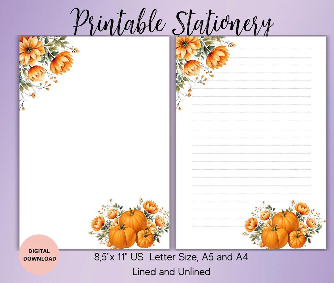 Pumpkin With Flowers Stationery,autumn Printable Stationary,pen Pal ...