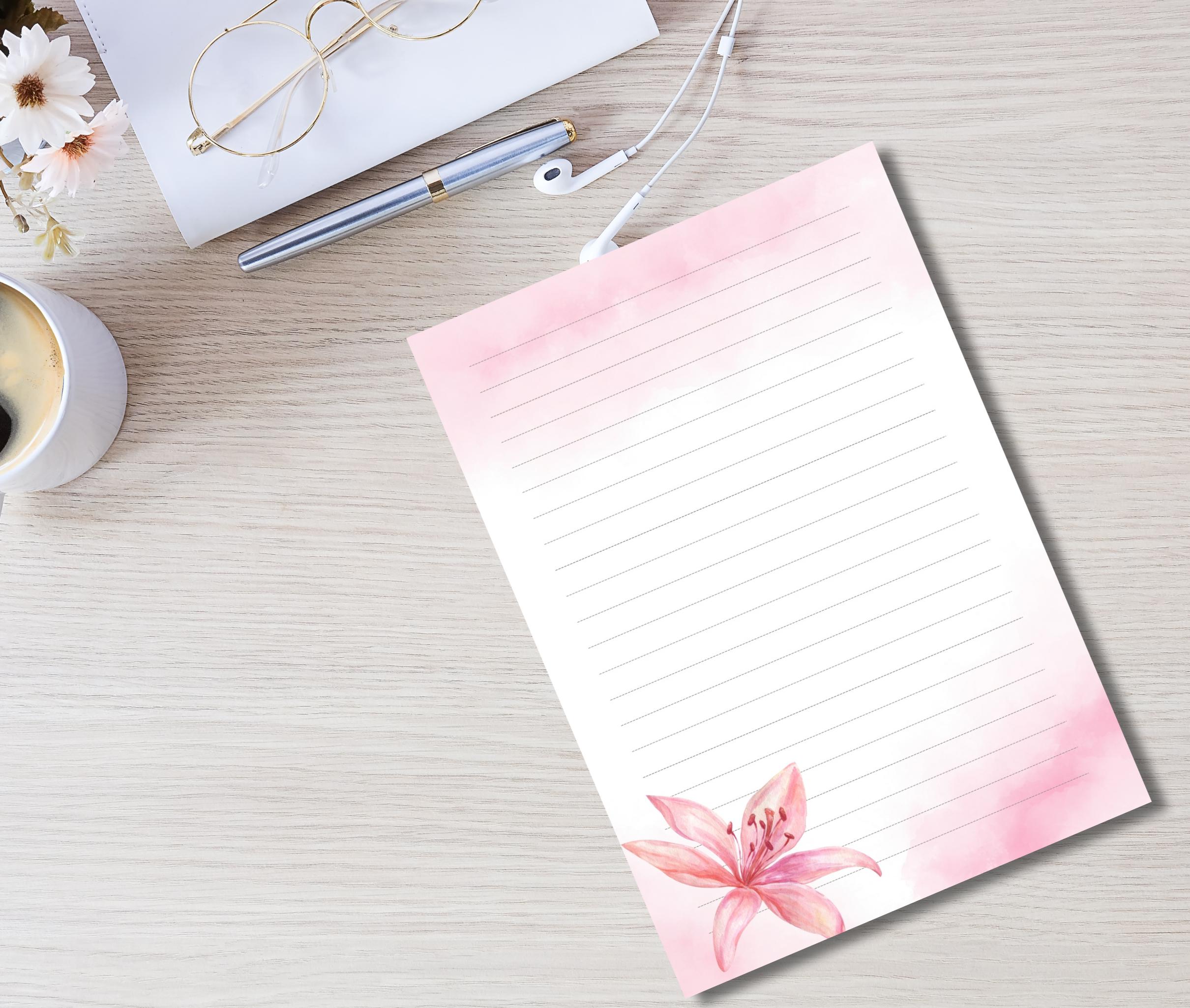 Pink Lily Printable Stationery-lily Writing Paper Set Lined Unlined A5 ...