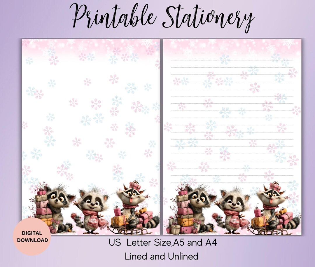Funny Winter Printable Stationery-funny Raccoons Writing Paper Unlined ...