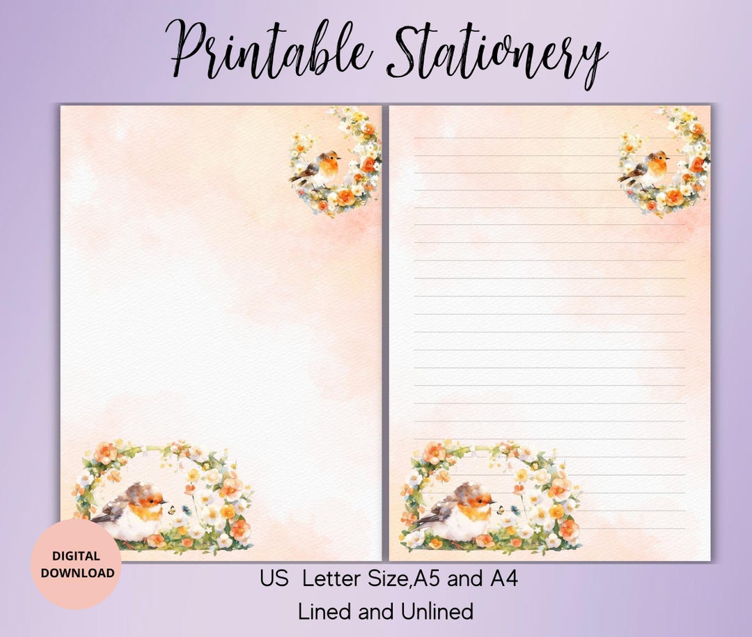 Robin Bird Printable Stationery-birds Writing Paper Lined Unlined A5/A4 ...