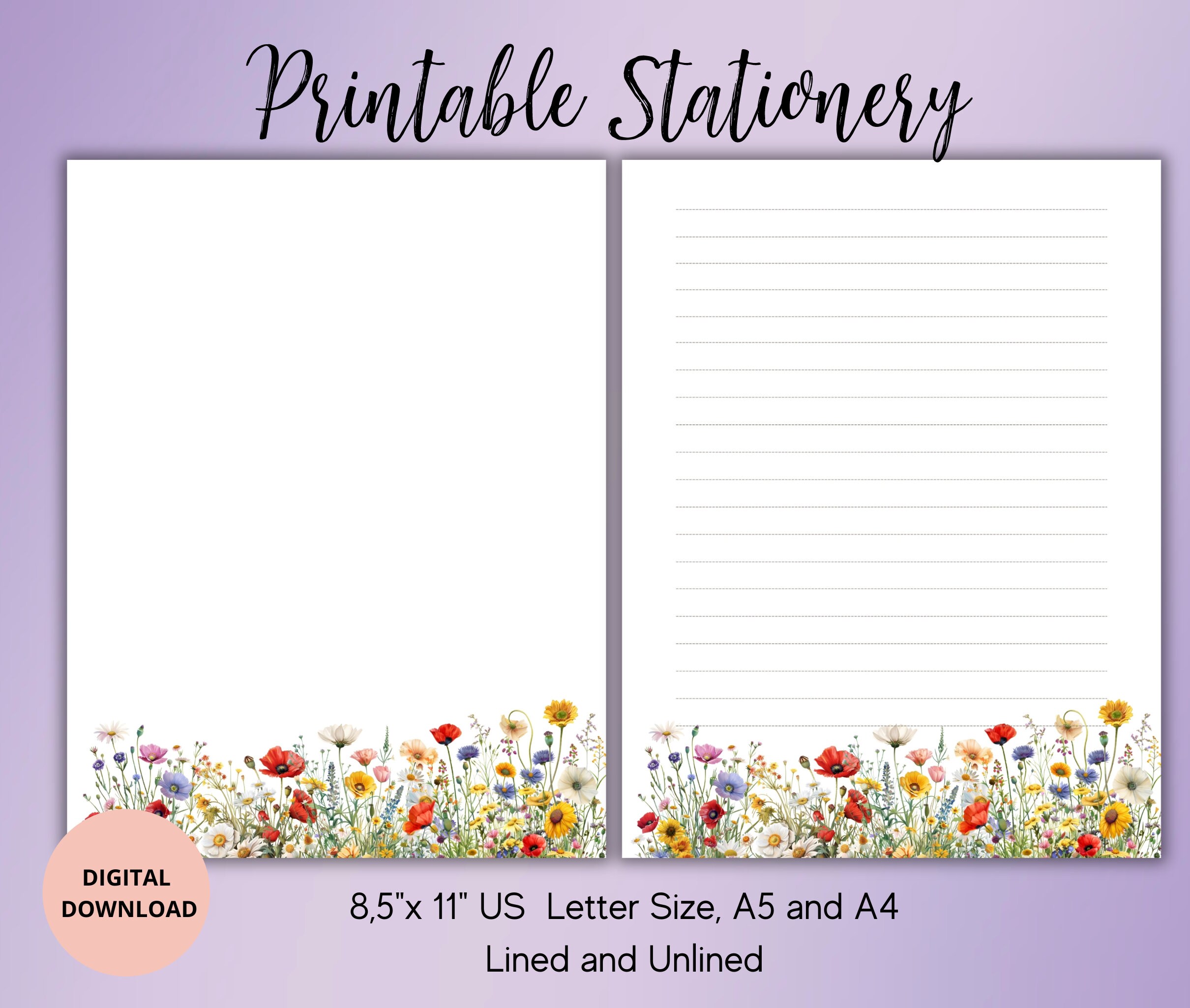 Meadow Unlined Lined Printable Stationery-field Blooms Writing Paper ...