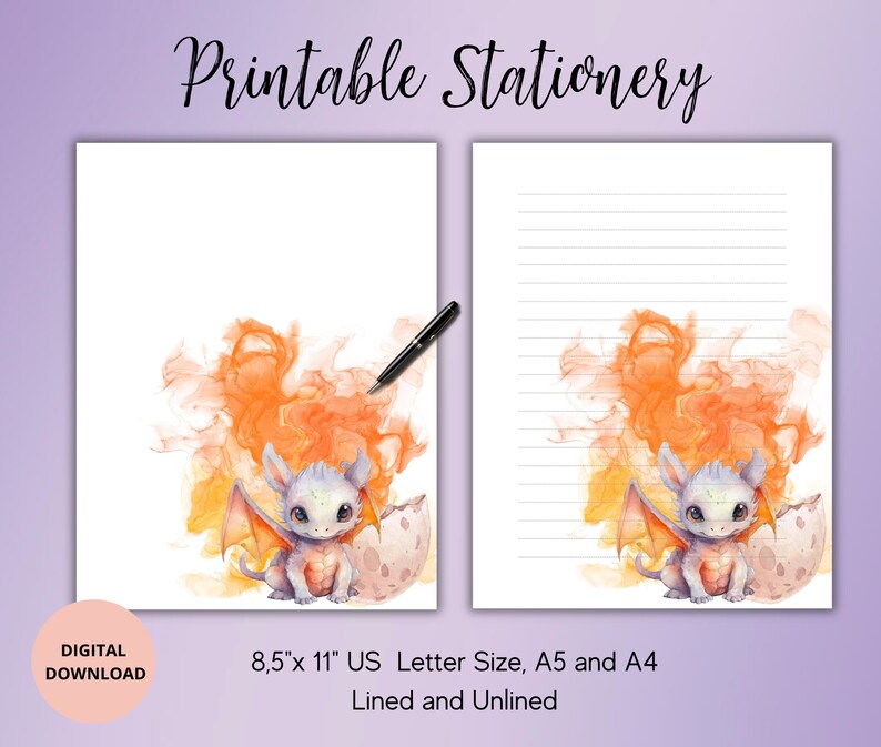 Dragon Stationary-cute Dragon Printable Stationary Sets Digital Letter ...