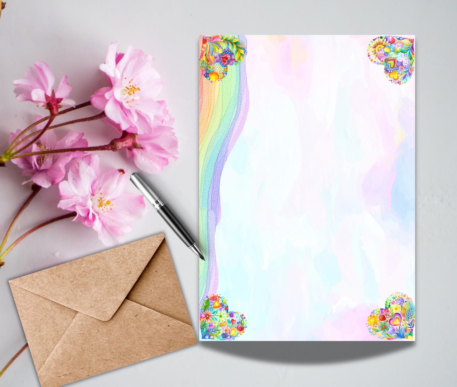 Watercolor Rainbow Hearts Printable Stationery-hearts Printable Writing ...