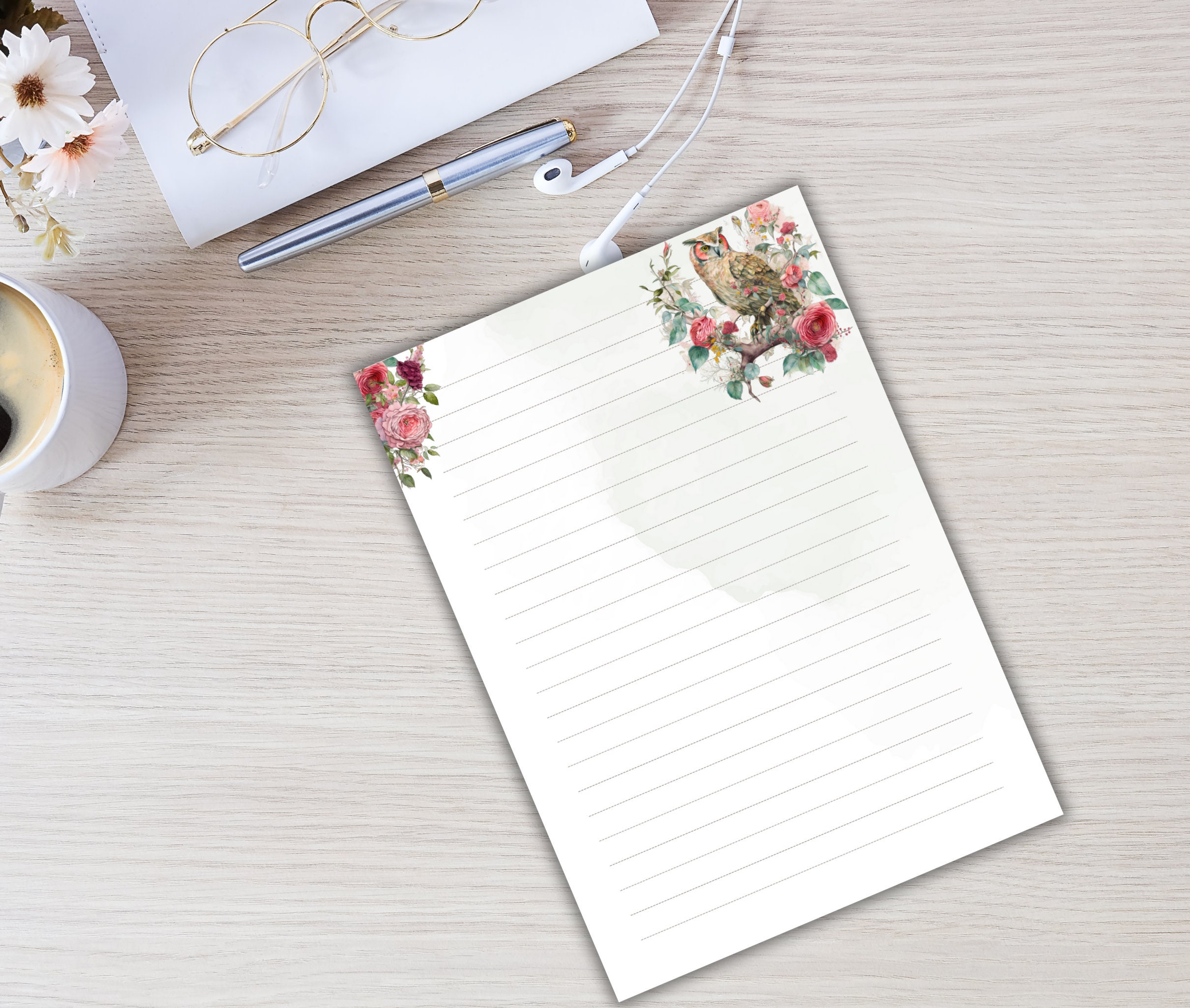 Owl With Flower Printable Stationery-flolar Stationary-cute Writing ...