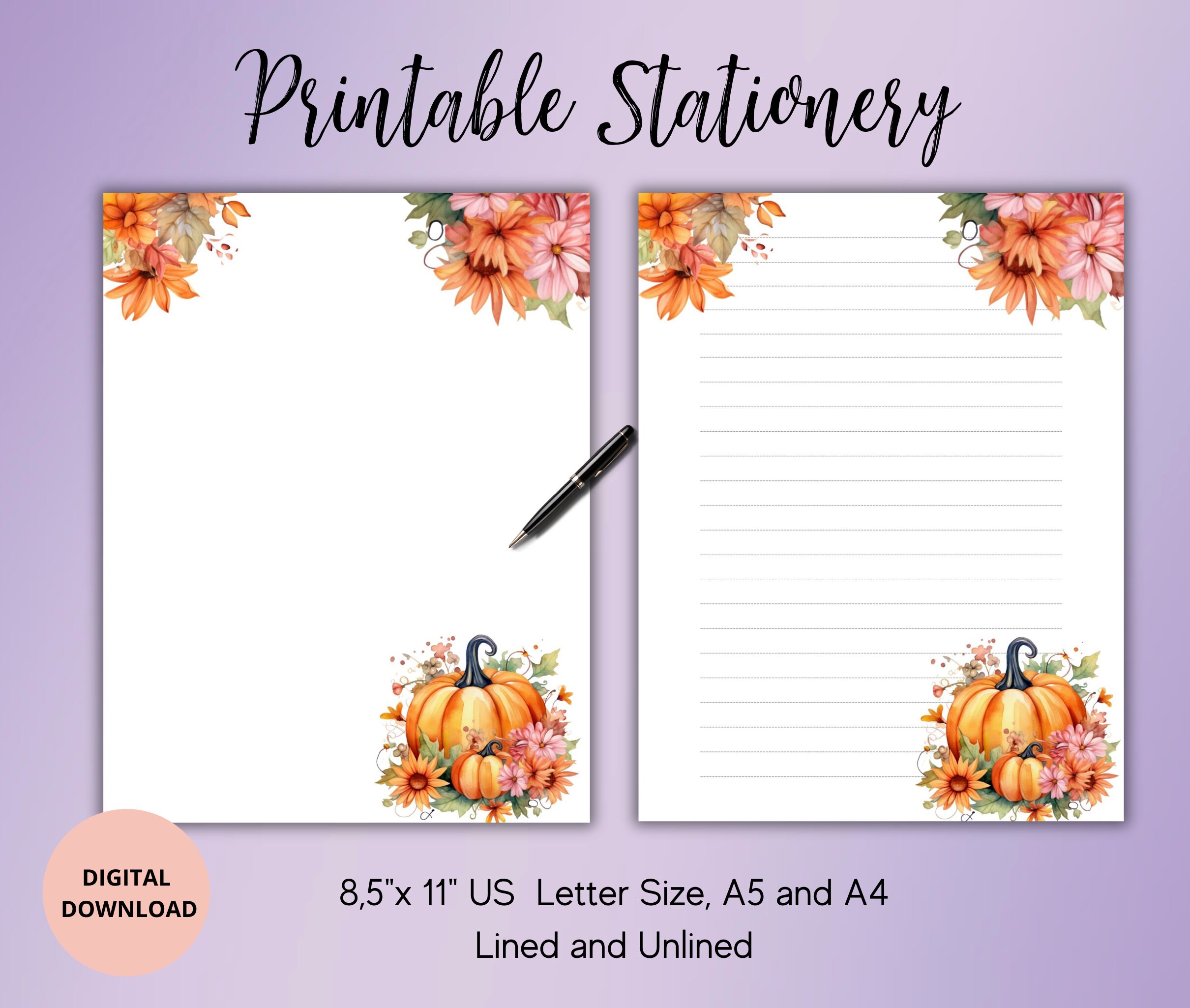 Pumpkin Printable Stationery,autumn Stationary,digital Download ...