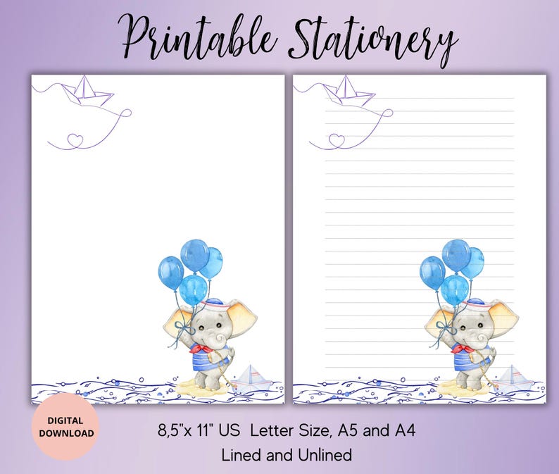Elephant Printable Stationery Kids Stationary Animal Writing Paper Set ...