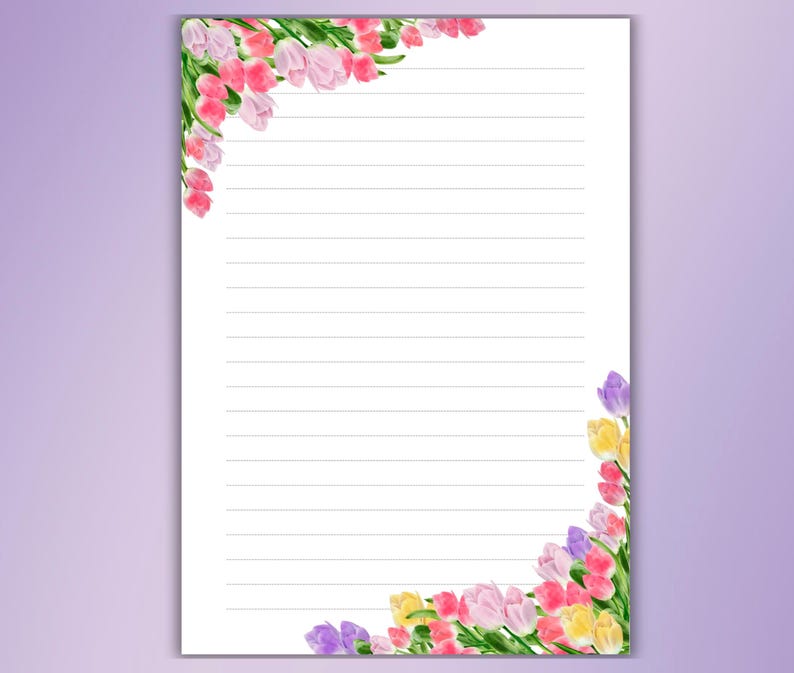 Tulips Printable Stationery-spring Flowers Writing Paper Set Lined ...