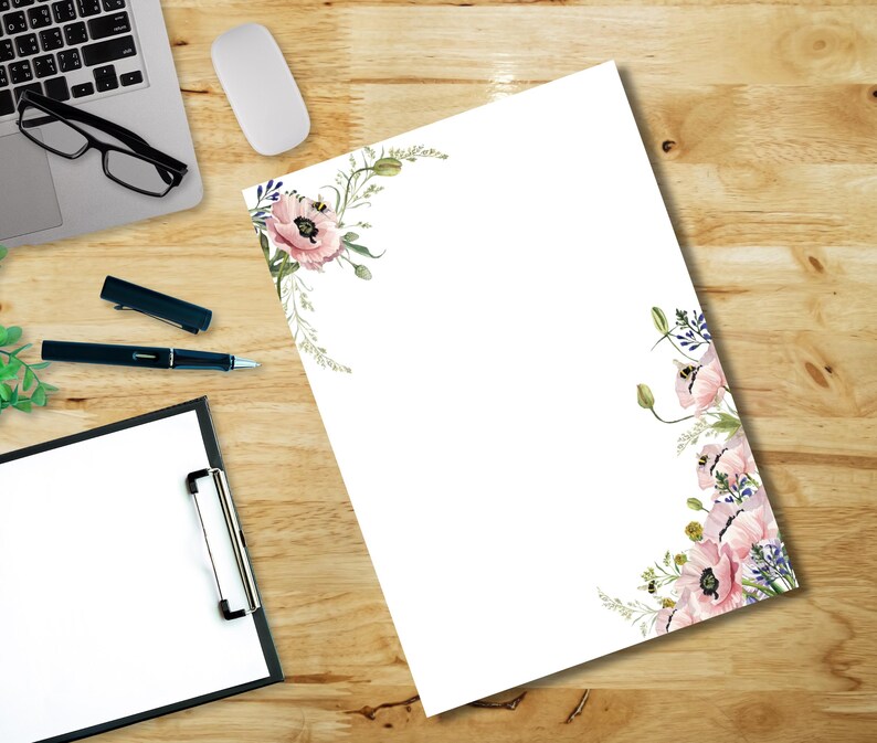 Poppies Printable Stationery-flower Writing Paper Set Unlined Lined A5 ...
