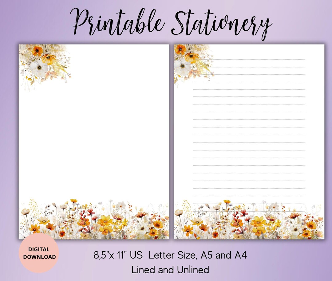 Flower Printable Stationery-watercolor Floral Stationary Digital ...