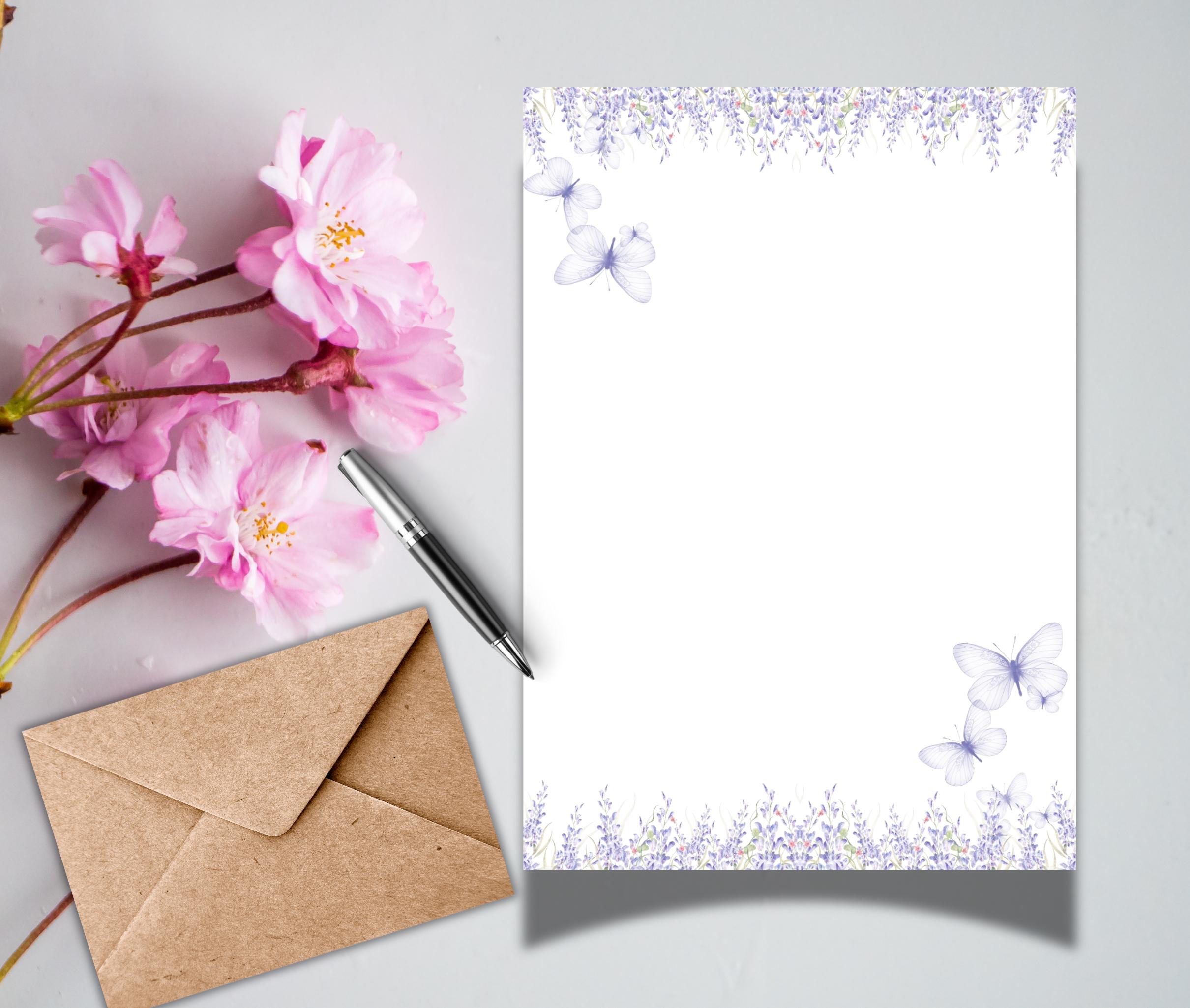 Purple Flower With Butterflies Printable Stationery-flower Writing ...