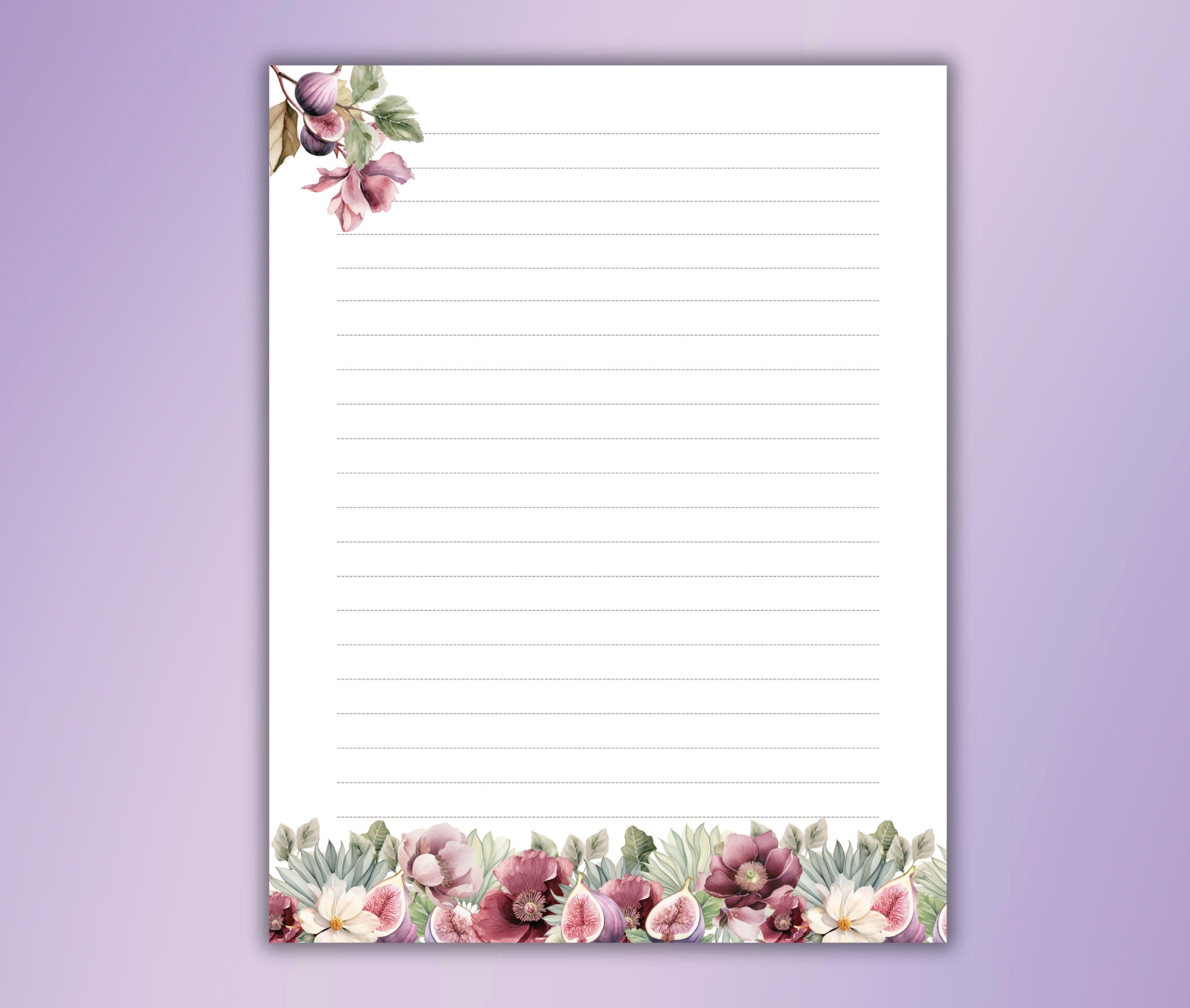 Flowers and Fig Fruit Printable Stationery Sets-floral Writing Paper ...