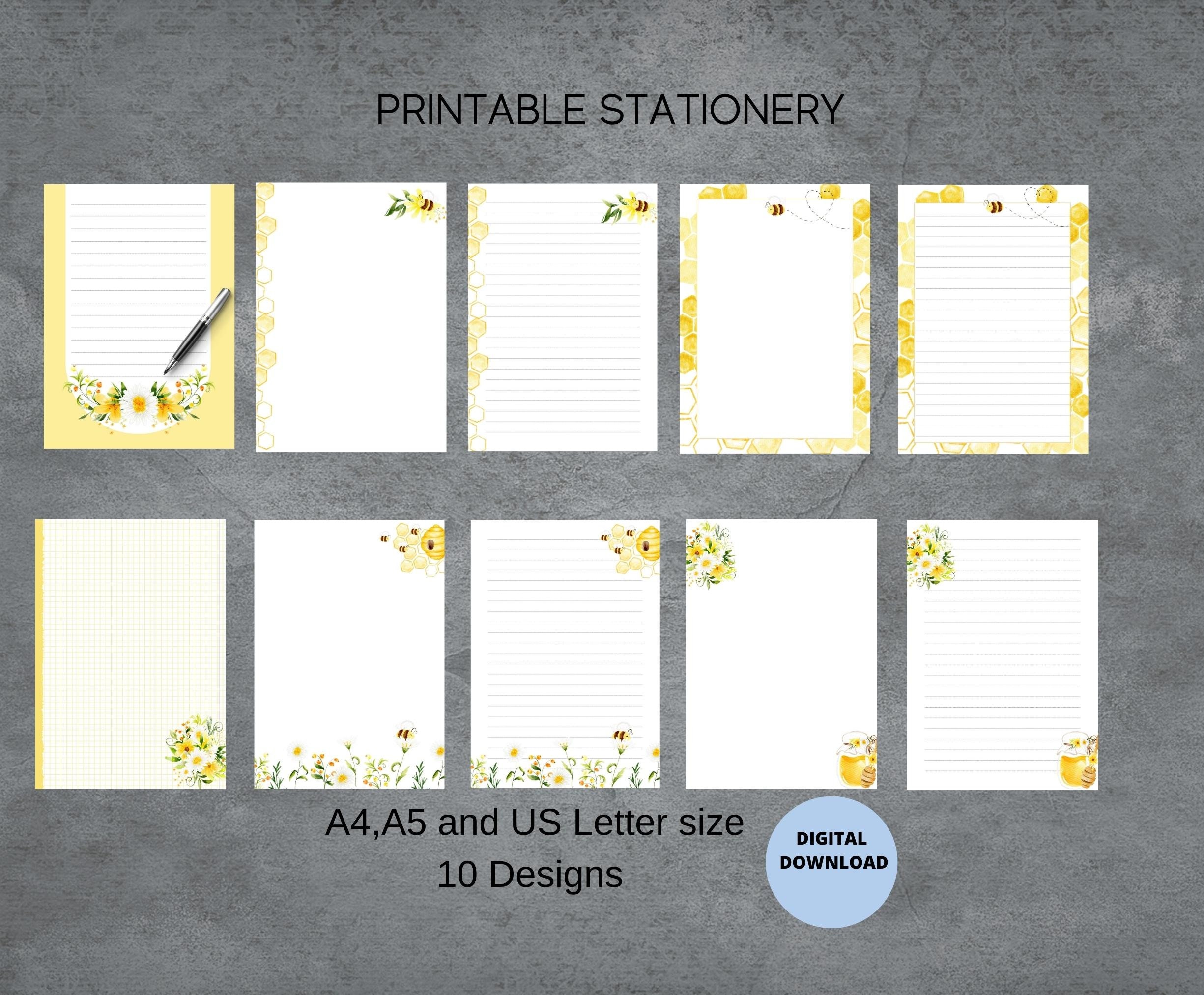 Bee With Flower Printable Stationery-bee Writing Paper Bundle Unlined ...
