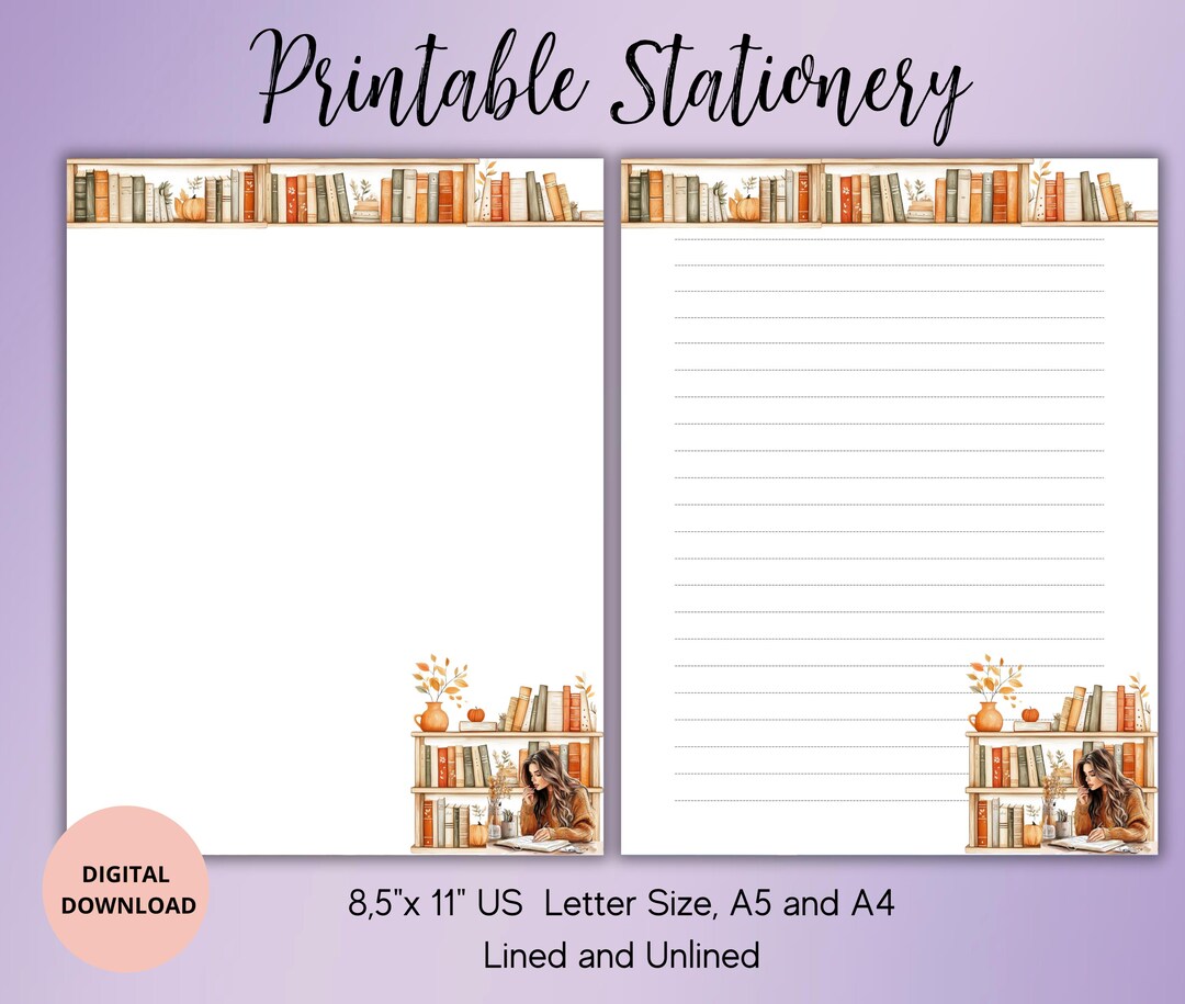 Book Lover Printable Stationery-reading Girl Digital Writing Paper Set ...