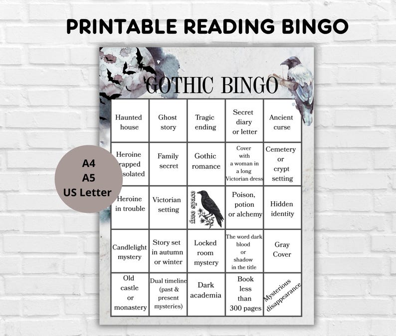 Gothic Printable Book Bingo-reading Challenge-book Checklist-book Club ...