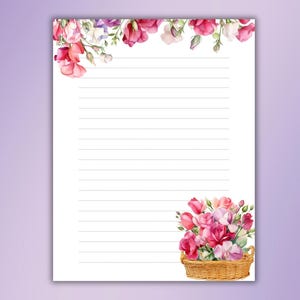 Sweet Pea Printable Stationery-summer Writing Paper Set Unlined Lined ...