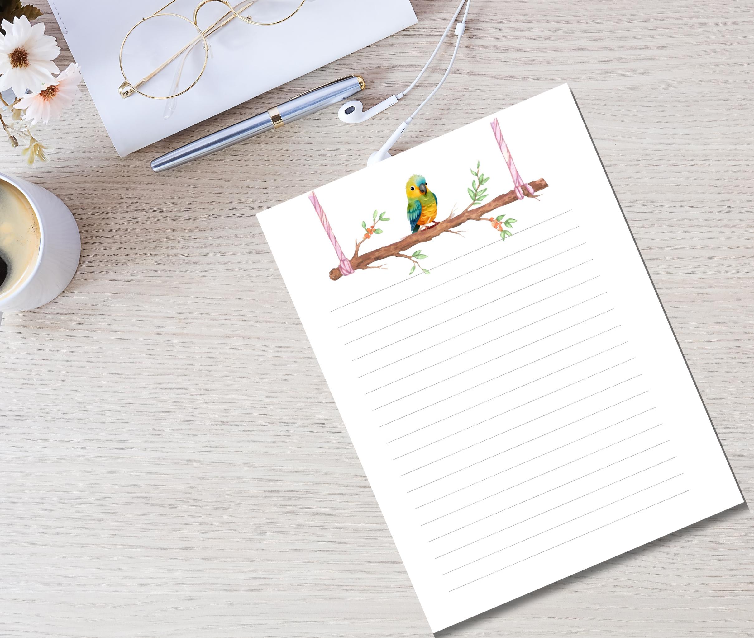Parrot Printable Stationery-birds Stationary-watercolor Birds Writing ...