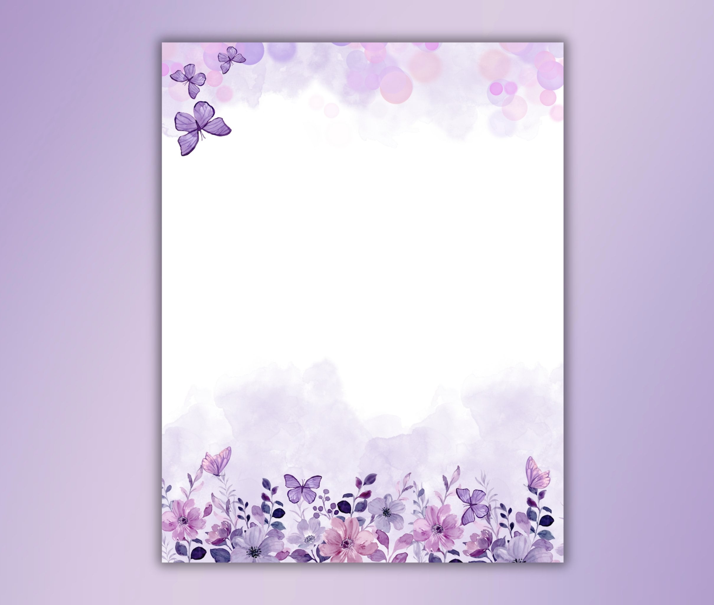 Purple Flower With Butterflies Printable Stationery-flowerstationary ...