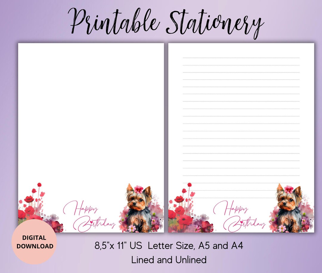Yorkshire Terrier Printable Stationery-happy Birthday Writing Paper Set ...