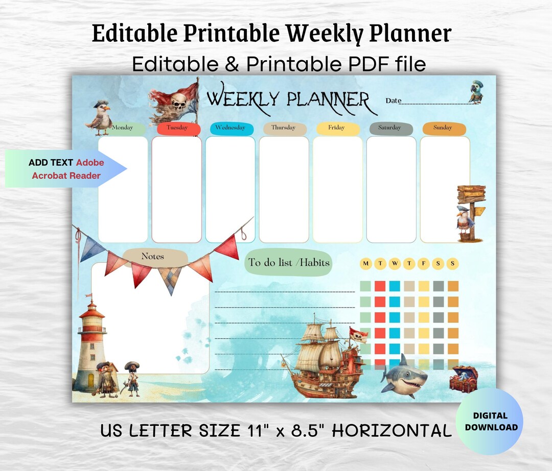 Editable Printable Weekly Planner-kids Weekly Planner-pirate Children's ...