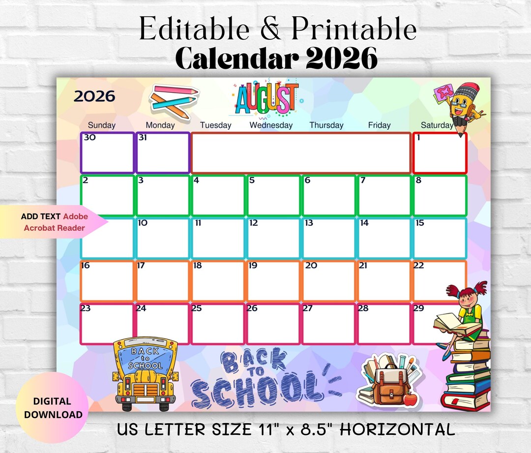 EDITABLE August 2026 Printable Calendar-back to School Calendar-monthly ...