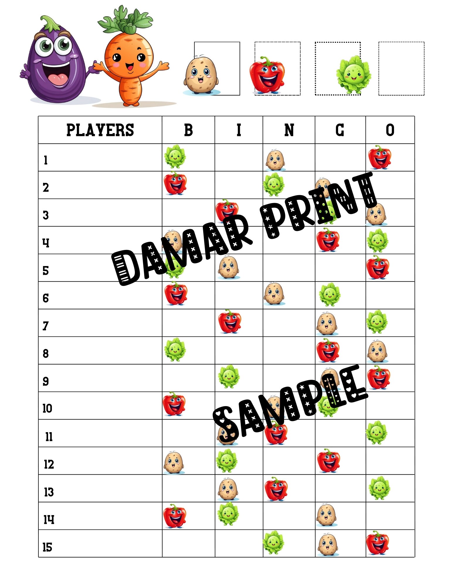 Printable Vegetables Bingo Boards 1-75 Ball Bingo Board 1-15 Lines - Etsy