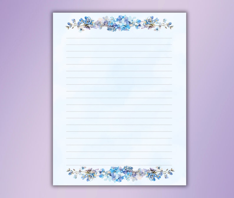 Blue Flower Printable Stationery-watercolor Flower Stationary-digital ...