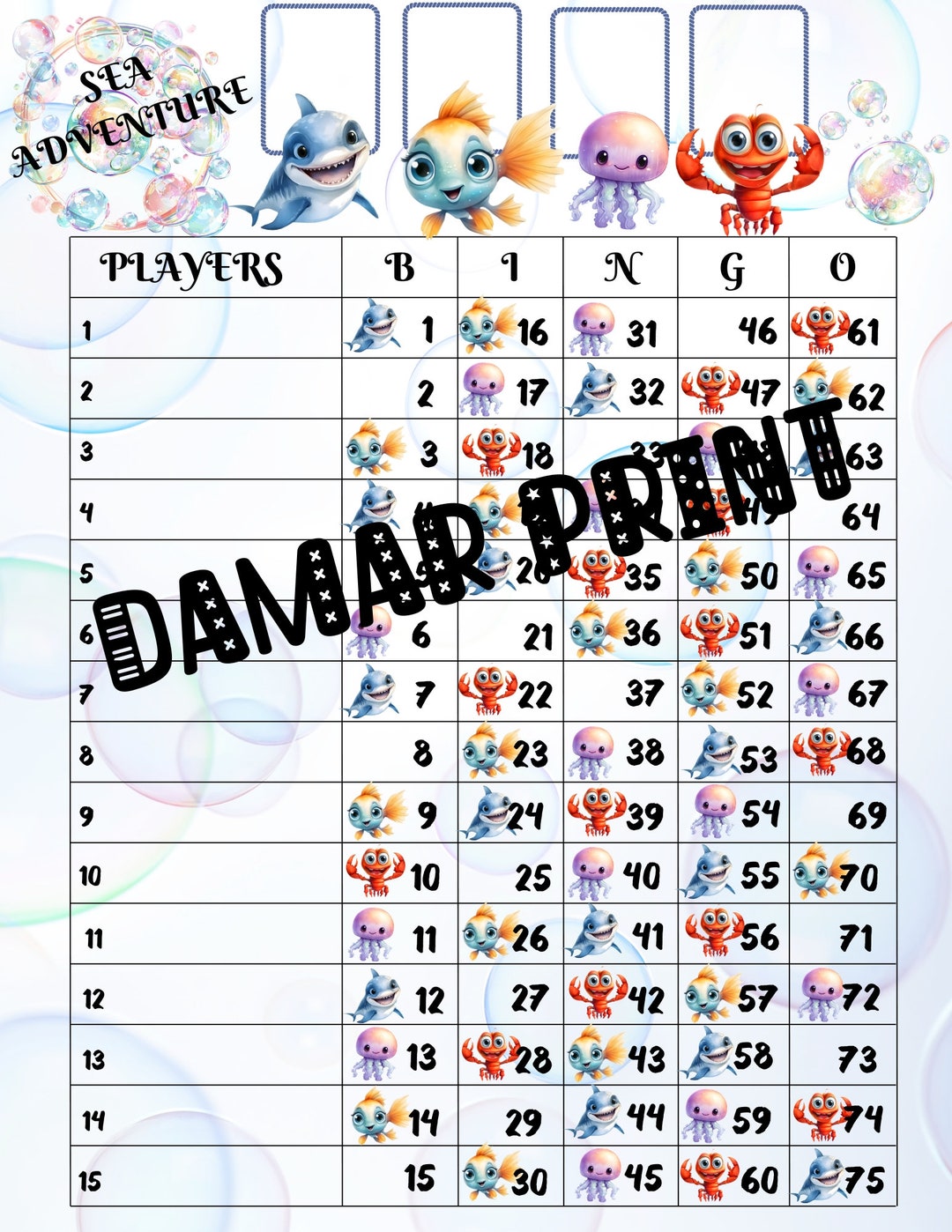 Sea Bingo Boards Printable-bingo Boards 1-15 Lines - Straight Mixed ...