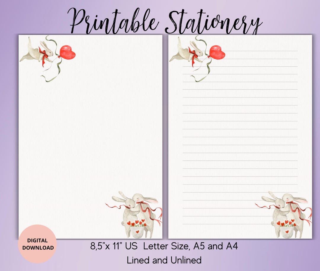 Rabbits in Love Printable Stationery-bunny Writing Paper Unlined Lined ...