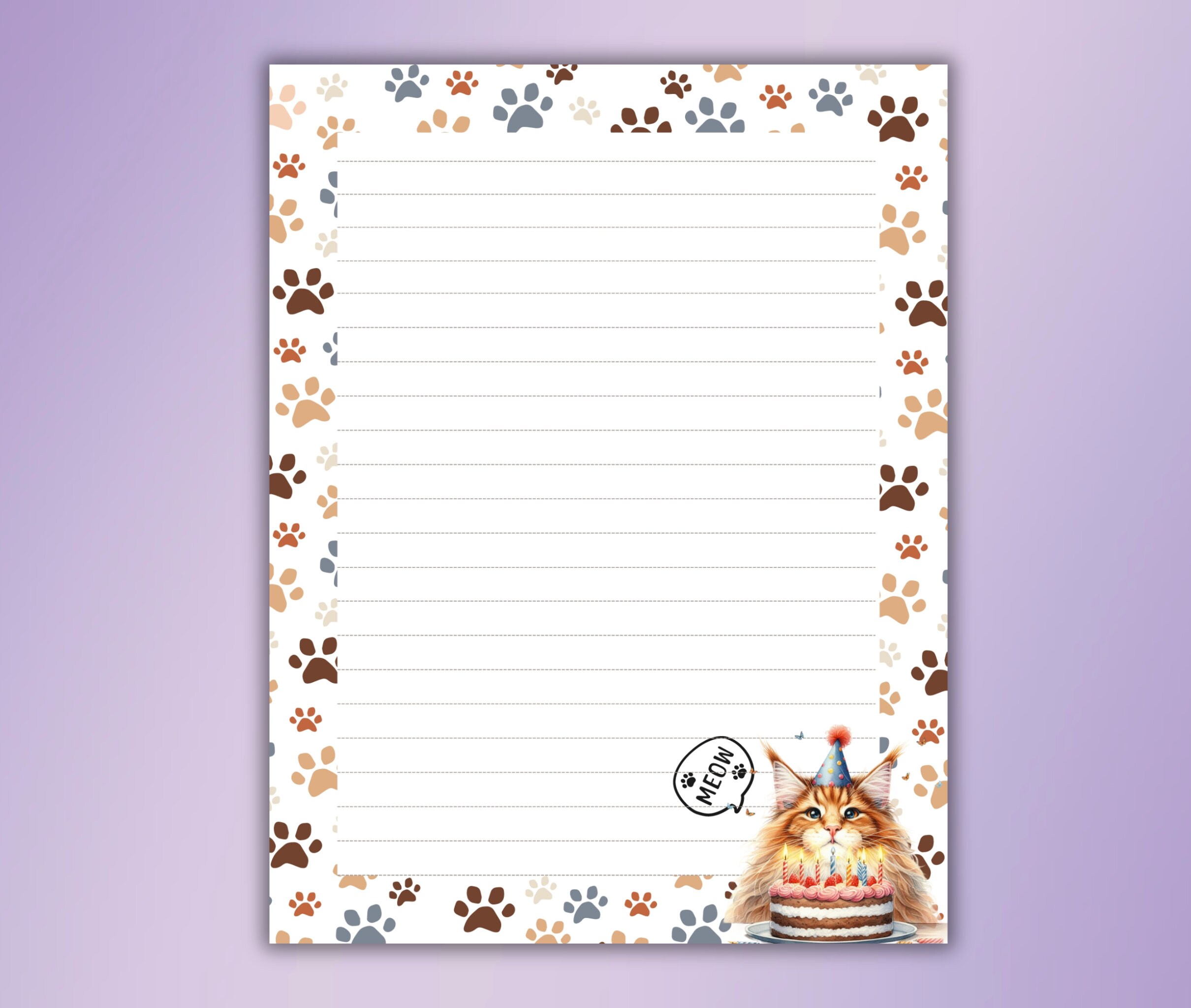 Cat's Birthday Printable Stationery-cat Lover Printable Stationery Set ...