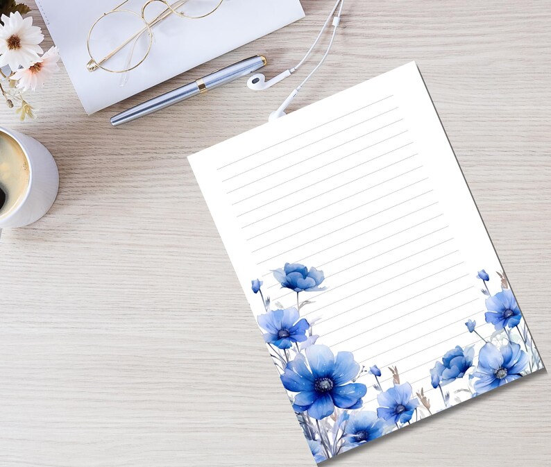 Blue Flower Printable Stationery-watercolor Flower Stationary-digital ...