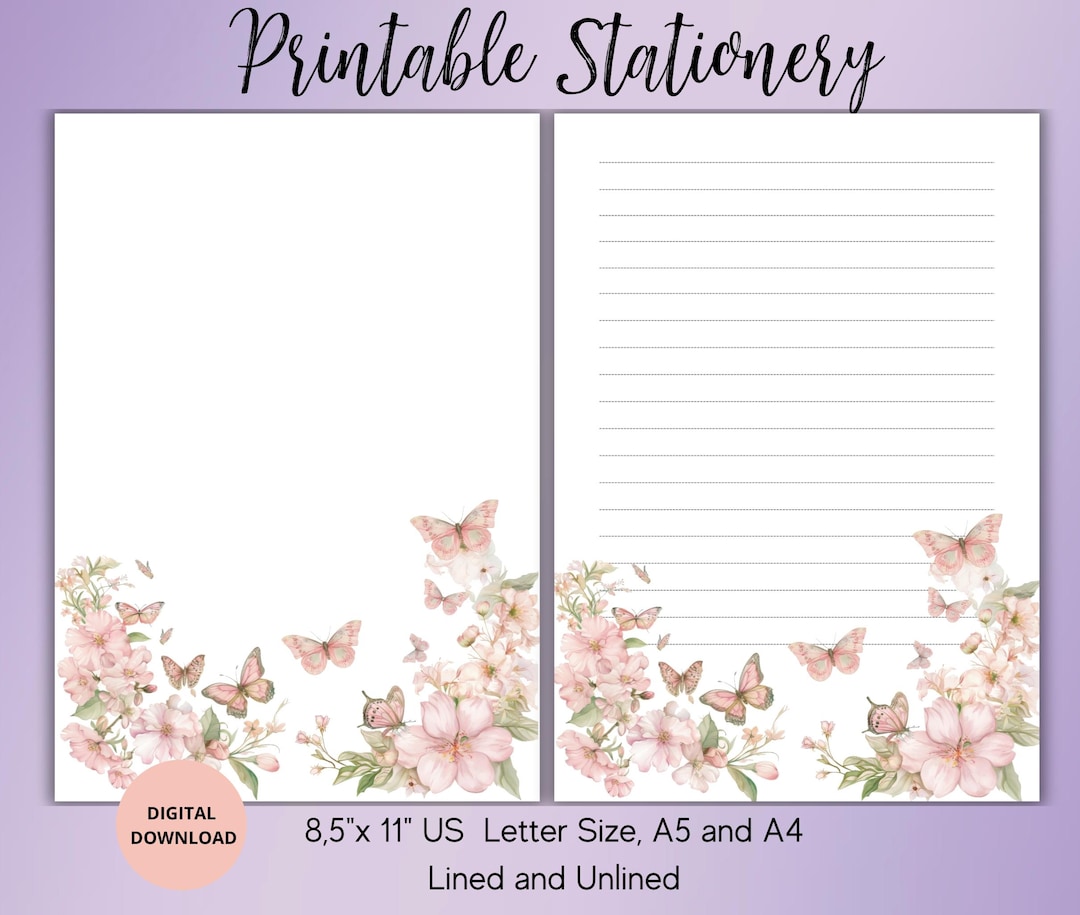 Pink Butterflies With Flower Printable Stationery-flower Writing Paper ...