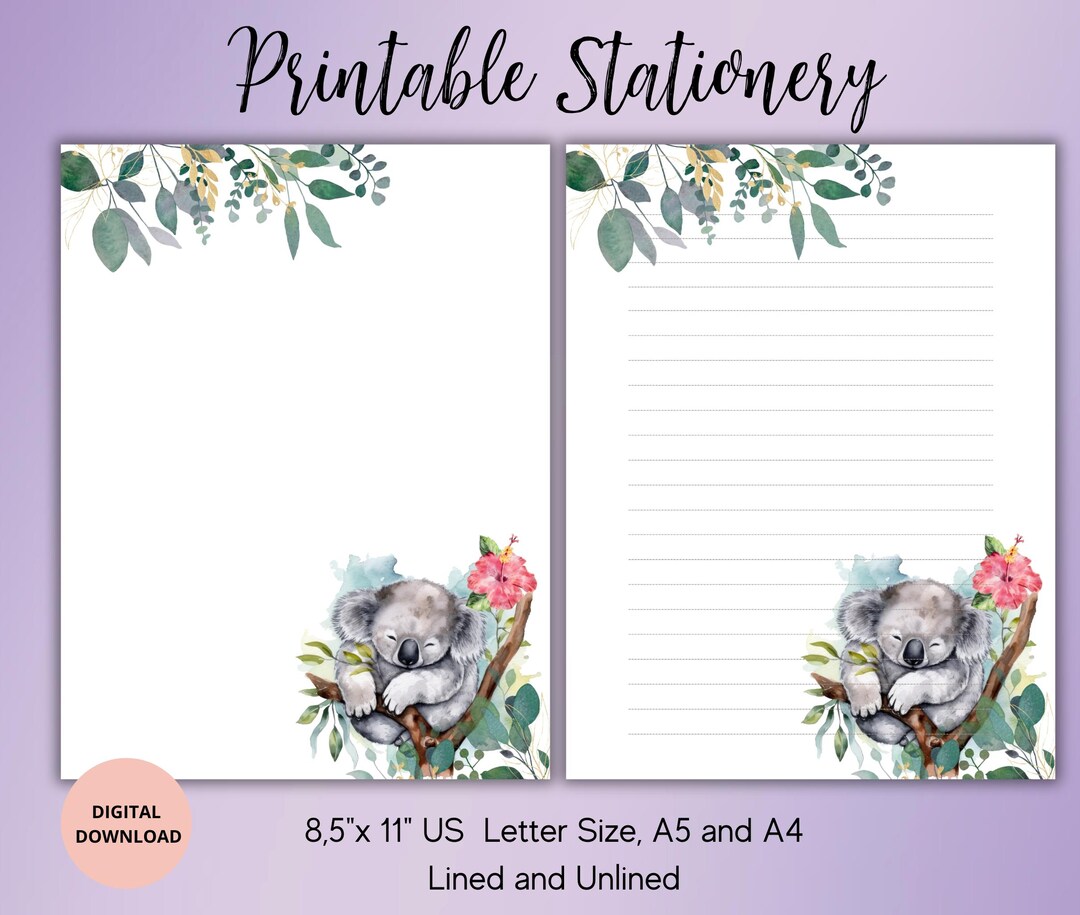 Koala Printable Stationery-cute Animal Writing Paper Set-kids ...