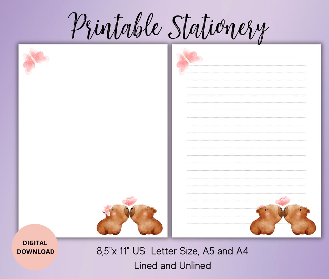 Capybara Printable Writing Paper Set A4/A5/US Letter Lined Unlined ...