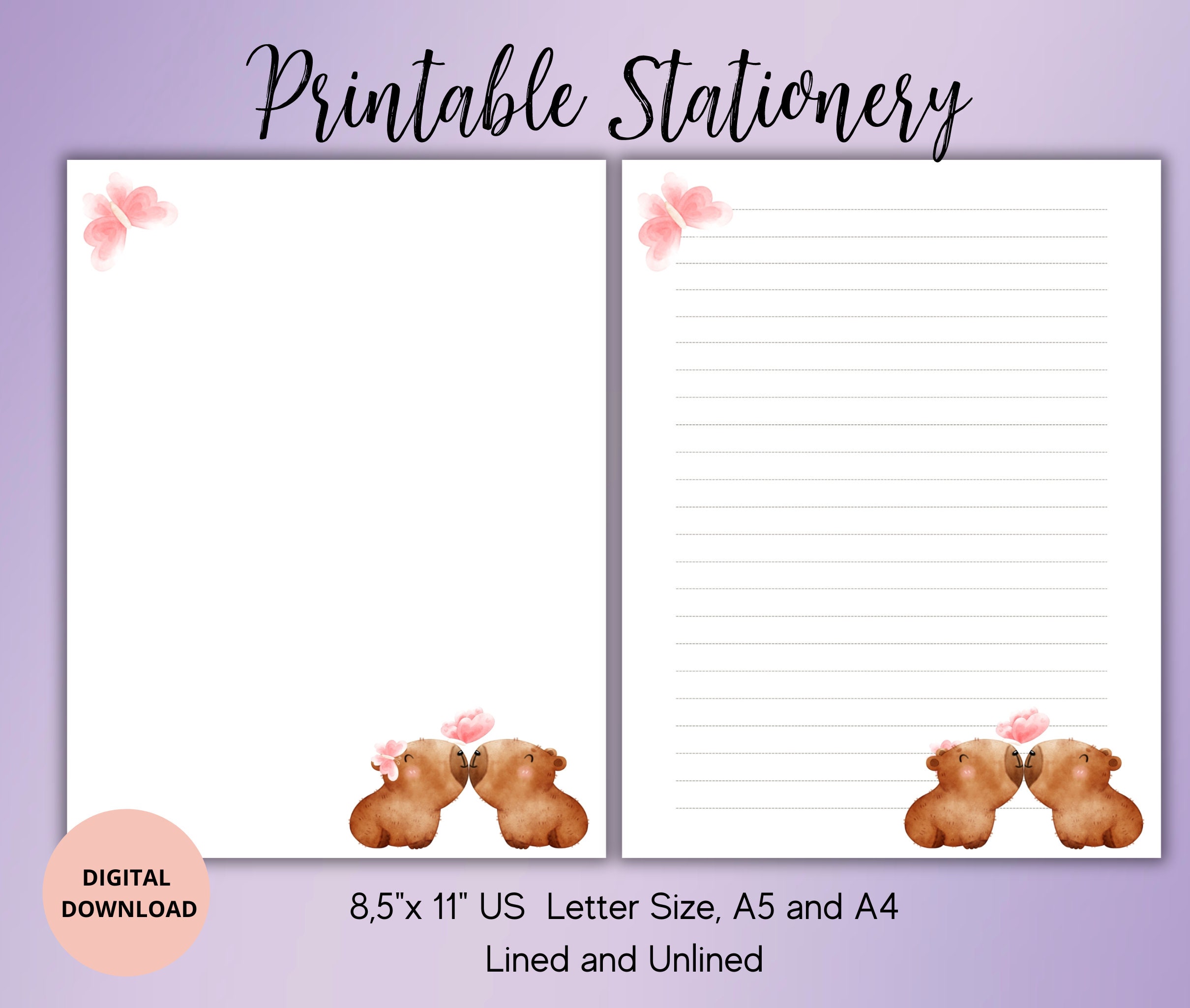 Capybara Printable Writing Paper Set A4/A5/US Letter Lined Unlined ...