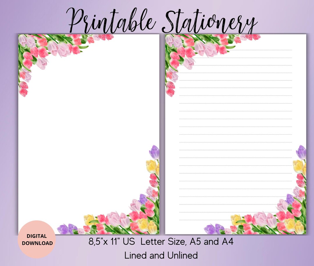 Tulips Printable Stationery-spring Flowers Writing Paper Set Lined ...
