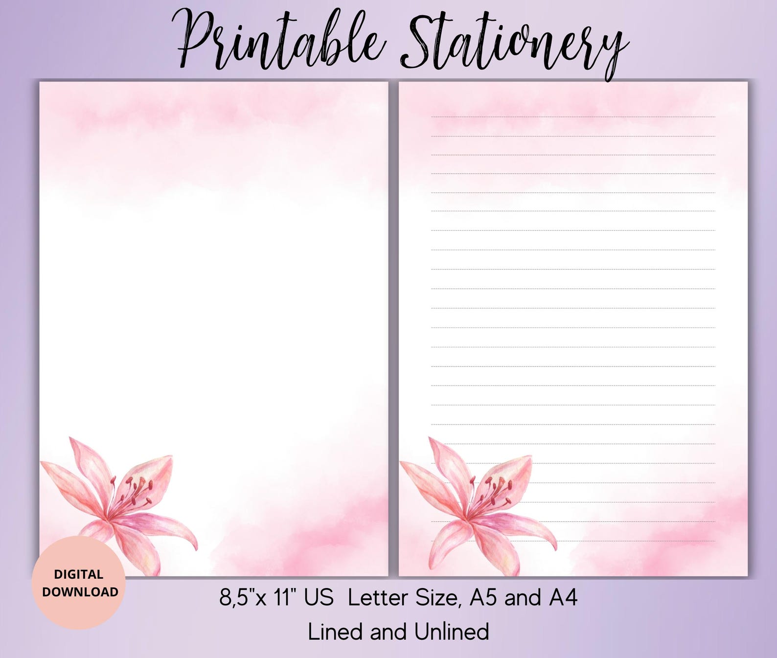 Pink Lily Printable Stationery-lily Writing Paper Set Lined Unlined A5 ...