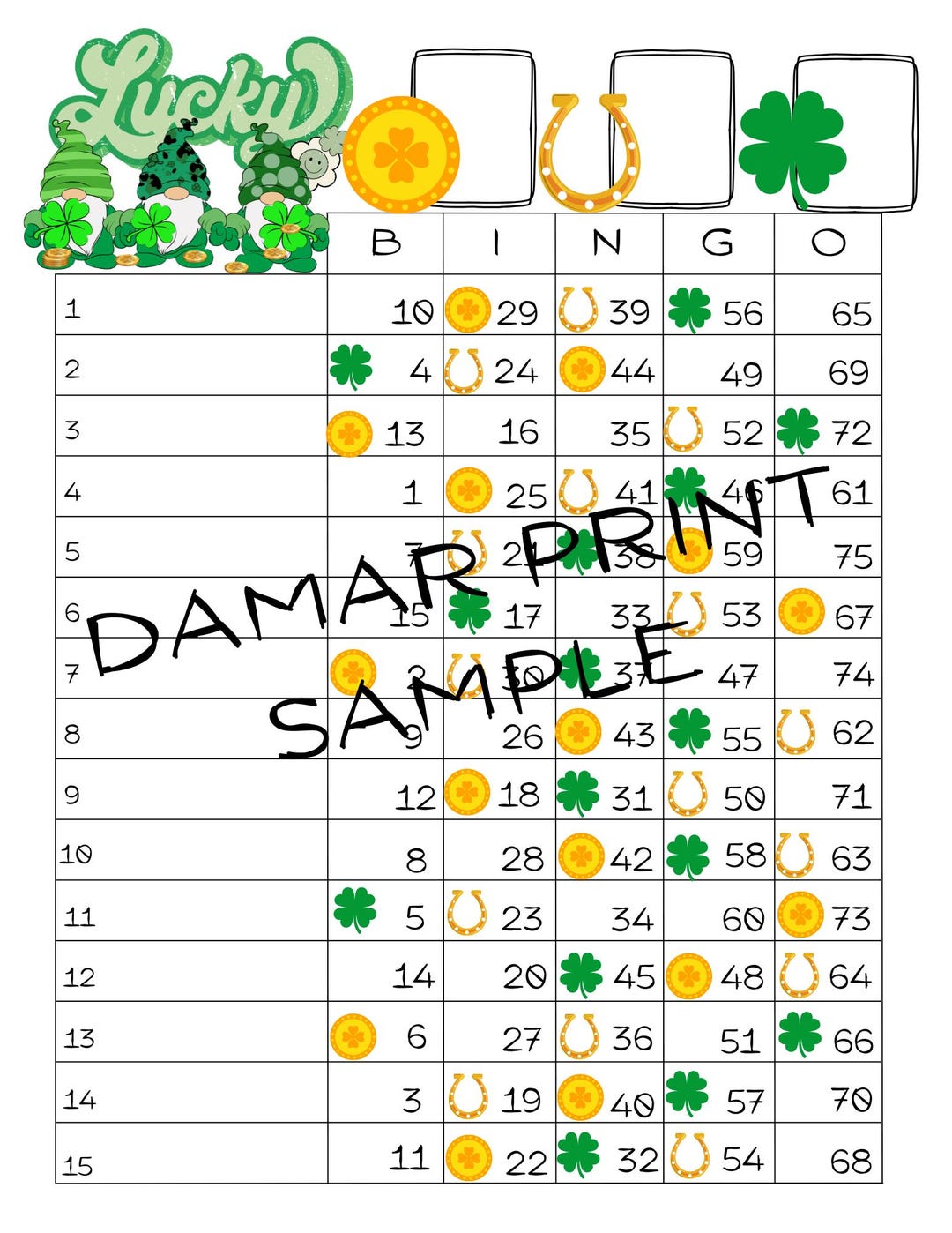 Lucky Bingo Boards - Instant Download -15 Lines -st Patricks Day ...