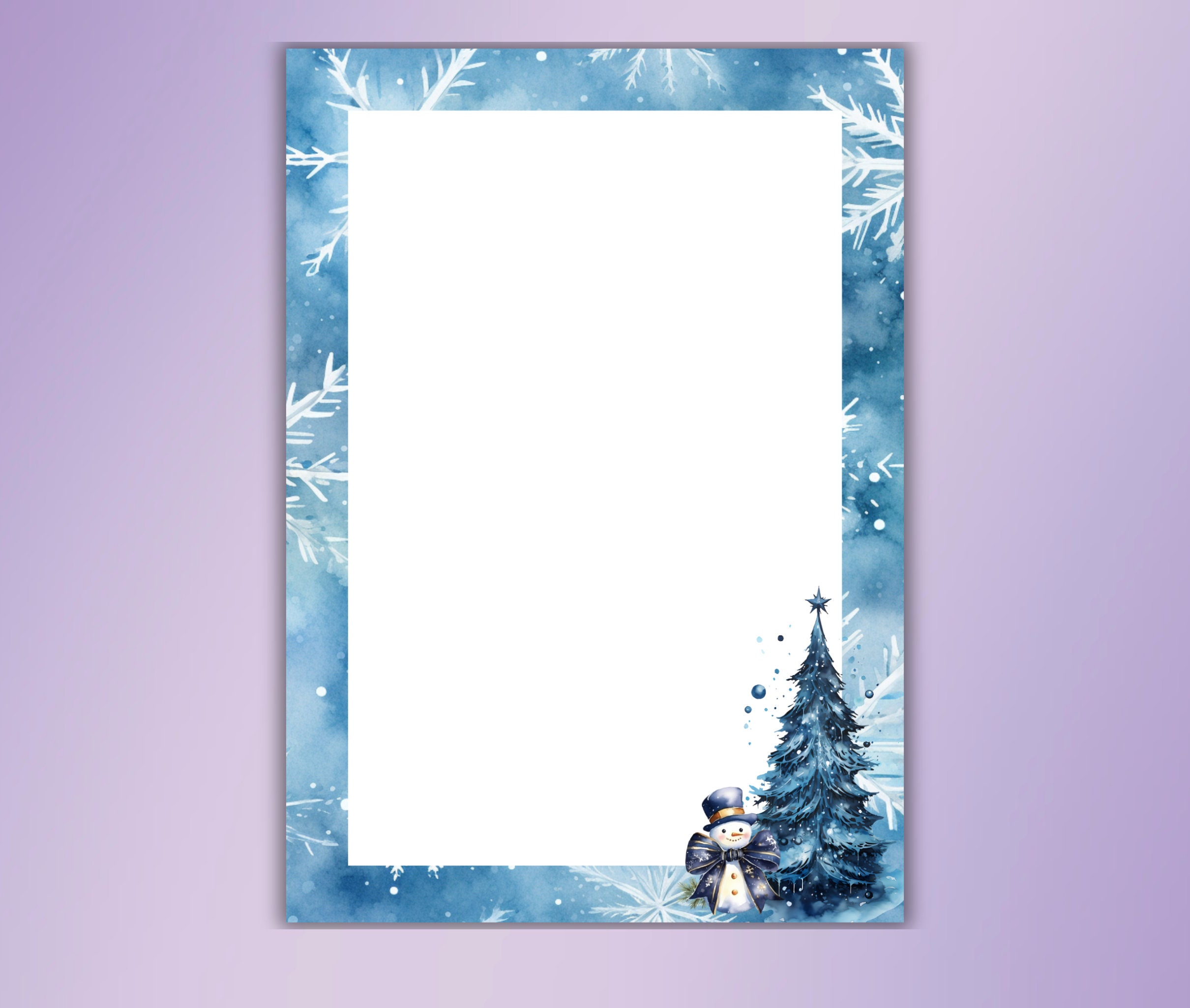 Blue Winter Printable Stationery-christmas Tree Snowman Writing Paper ...