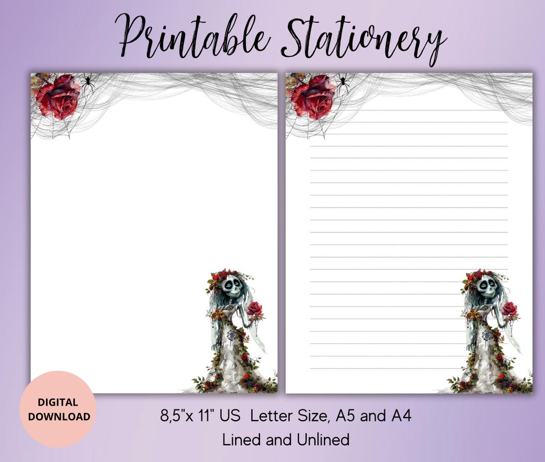 Halloween Bride Printable Stationery Set-spooky Bride Writing Paper Set ...