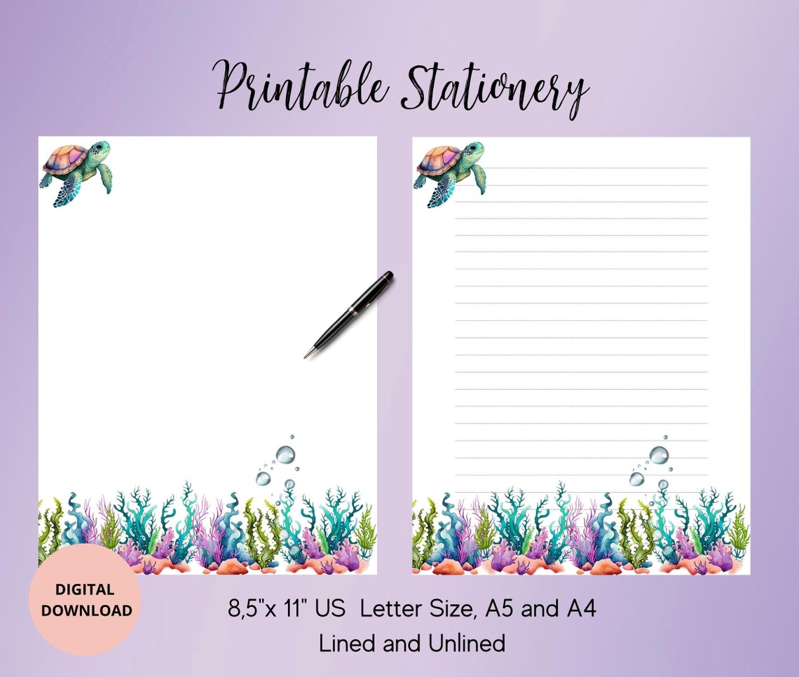 Turtle Sea Writing Set ,marine Printable Stationery,watercolor Writing ...