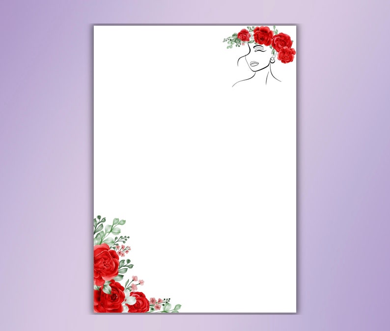 Girl With Flowers Printable Stationery-roses Flower Stationary-floral ...