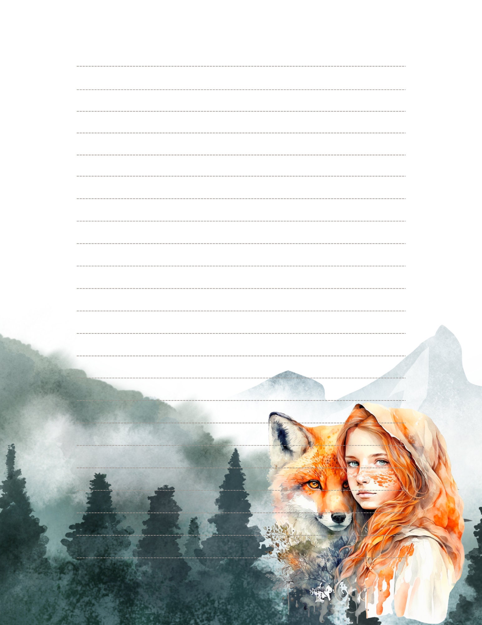 Printable Stationary Girl With Fox Watercolor Trees Printable - Etsy